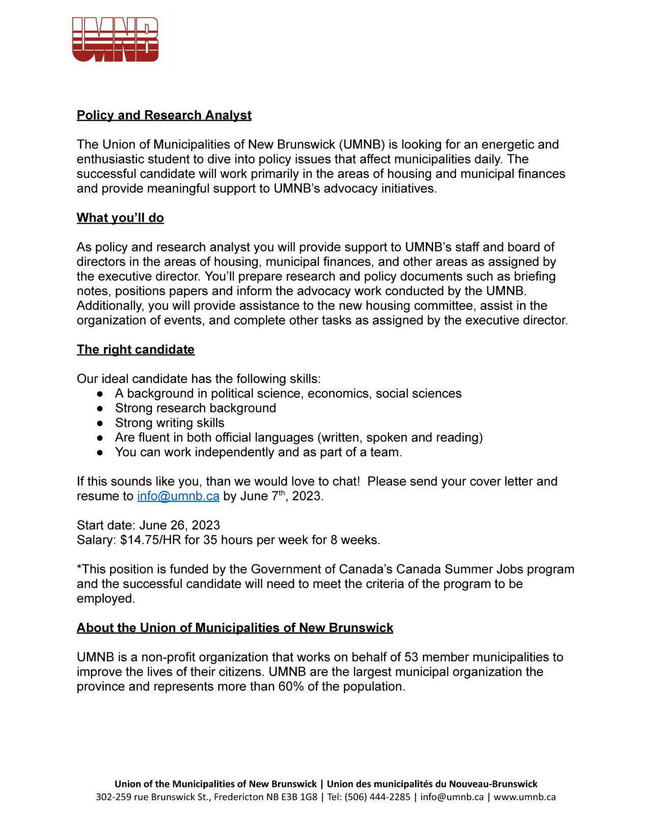 We’re hiring: Summer Student | UMNB We’re hiring: Summer Student | UMNB